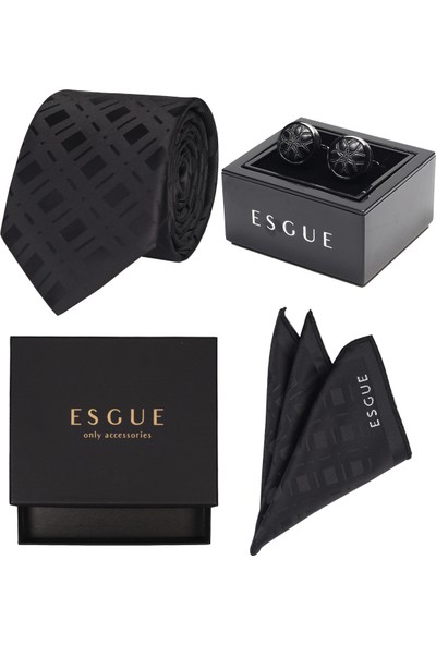 Esgue Klasik Seri Kol Düğmesi & Kravat & Mendil Hediye Seti