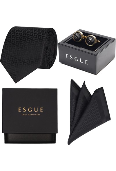 Esgue Klasik Seri Kol Düğmesi & Kravat & Mendil Hediye Seti
