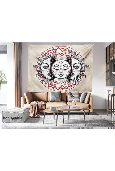 Hobimania Duvar Örtüsü Kırmızı ve Beyaz Güneş ve Ay Sun And Moon 150X200 cm Duvar Dekorasyon Moda