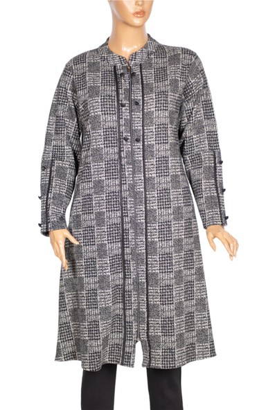 Akar Kadın Rosa Büyük Beden Fermuarlı Siyah Ekose Kap Ceket