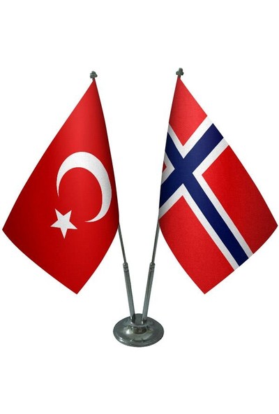 Saturndesign Masaüstü Norveç Bayrağı Türk Bayrağı İkili Krom Direk Masa Bayrak Seti