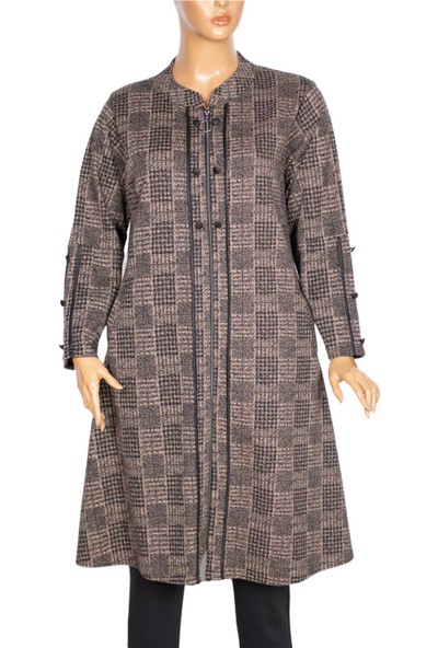 Akar Kadın Rosa Büyük Beden Fermuarlı Bej Ekose Kap Ceket