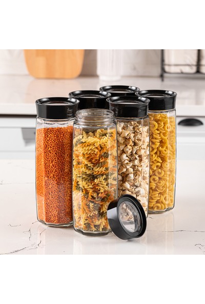 Pd Home 6'lı Çokgen Cam Kavanoz Erzak Kabı 1600 ml Siyah Kapaklı