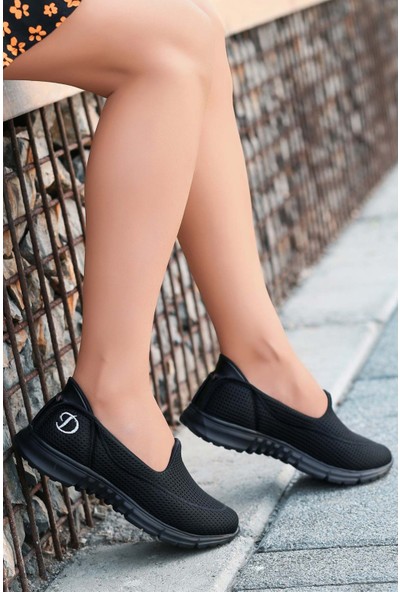 Karazona Kadın Siyah Streç Bilekten Lastikli Ortopedik Babet Ayakkabı KZ1268
