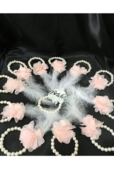 Dipak Açık Pembe Renk Kına Gecesi / Bride To Be Incili Tüylü Nedime Bilekliği 10 Adet Dipak Açık Pembe Renk Kına Gecesi / Bride To Be Incili Tüylü Nedime Bilekliği 10 Adet