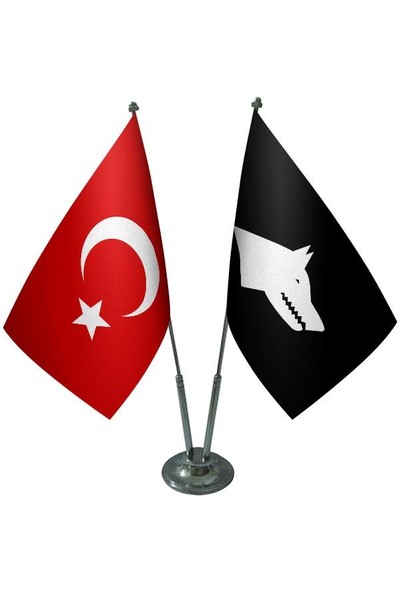Saturndesign Masaüstü Siyah Göktürk Bayrağı Türk Bayrağı İkili Krom Direk Masa Bayrak Seti