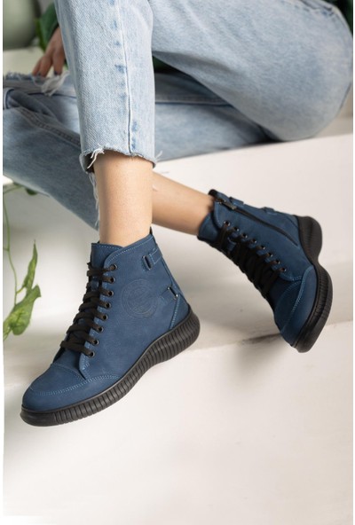 Diego Carlotti Hakiki Deri Fermuarlı Günlük Bağcıklı Kısa Kadın Bot / Bootie