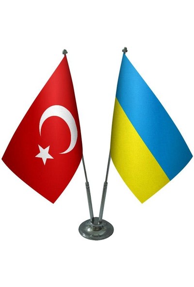 Saturndesign Masaüstü Ukrayna Bayrağı Türk Bayrağı İkili Krom Direk Masa Bayrak Seti