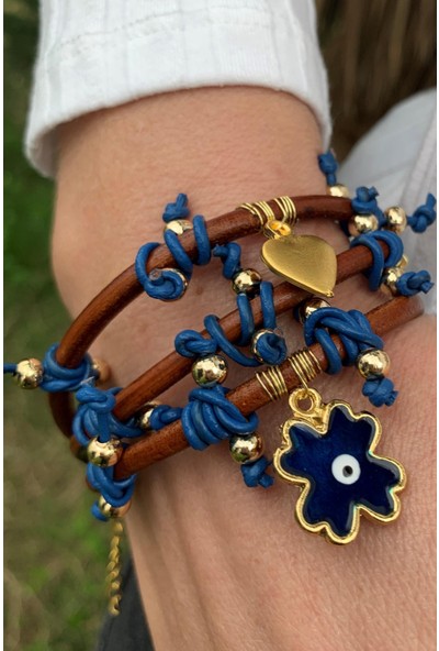 Kutcha Accessories Kadın Kahverengi Deri ve Nazar Boncuğu Tasarım Bileklik