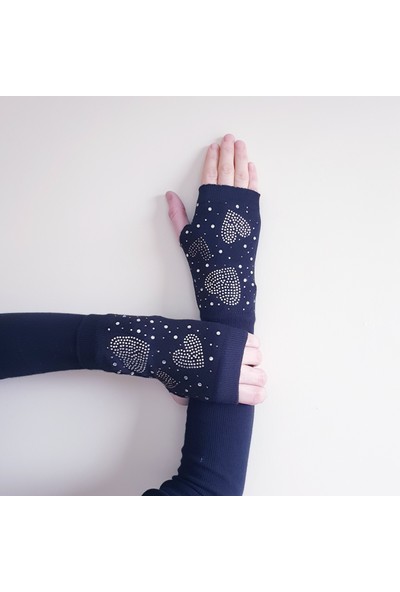 Magrib Boncuklu Kalp Figürü Işlemeli Triko Bayan Parmaksız Eldiven