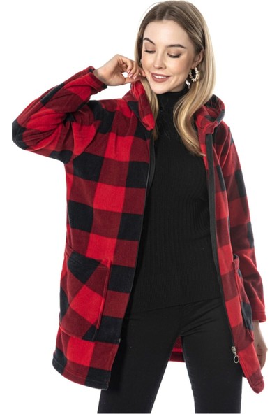 Cotton Mood 21505142 Polar Des.önü Fermuarl Cepli Kapşon Uz.ceket Hırka Kırmızı Ekose