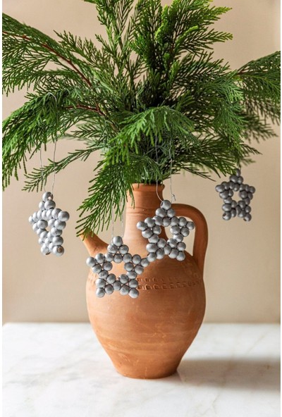 E-Sanat Evi 5 Adet Dekoratif Gümüş Ahşap Boncuklu Yıldız 7 cm