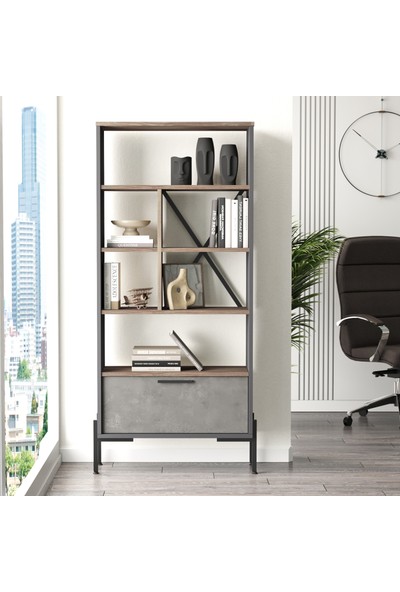 Robin Home Berlin D Ofis Kitaplık Metal Ayaklı Kahve-Beton-Antrasit Vs4-Cga Robin Home Berlin D Ofis Kitaplık Metal Ayaklı Kahve-Beton-Antrasit Vs4-Cga