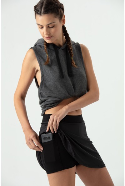 Zinde Sport Kadın Siyah Düz Spor Etek Günlük ve Spor Kombinlenen Içi Taytlı Gizli Cepli Spor Şortlu Mini Etek