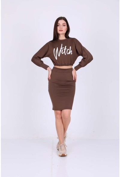 Kadın Bluz Etek Altüst Takım Kahverengi