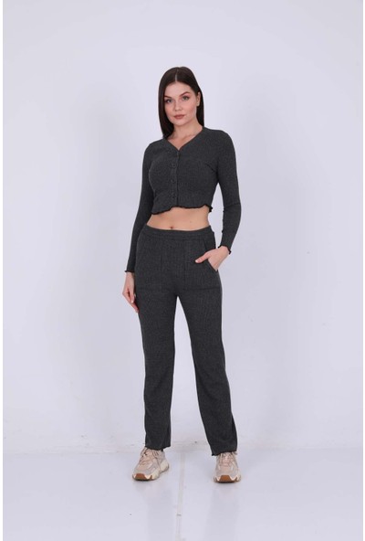 Kadın Hırka Pantolon Altüst Takım Antrasit