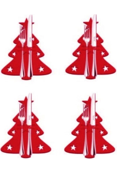 Lora Davet Yılbaşı Yeniyıl Süsü Keçe Dekoratif Çam Ağacı Kaşıklık (4 Adet) Kırmızı - 16246