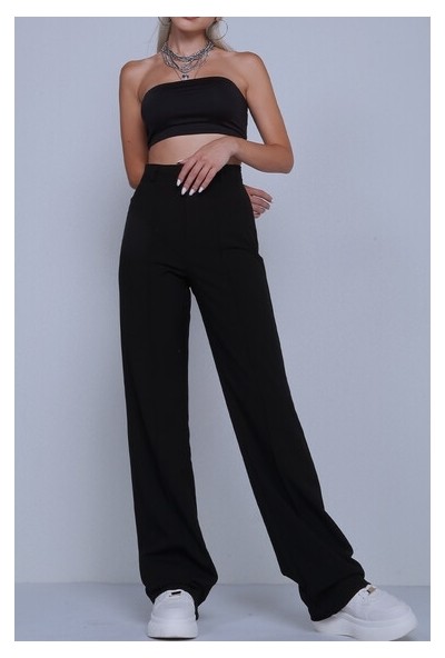 Ortaya Çık Siyah Yüksek Bel Crep Kumaş Palazzo Pantolon