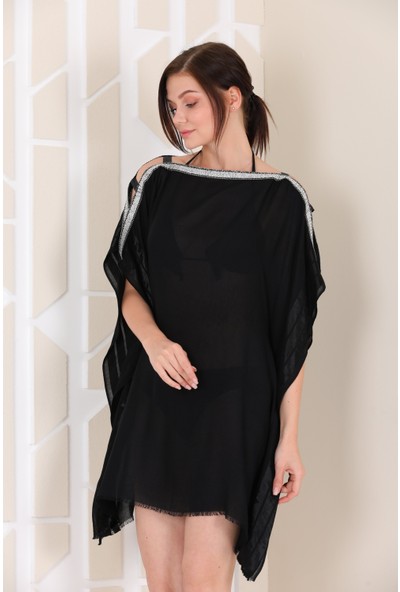 Ortaya Çık Siyah Sim Şerit Detaylı Mini Pareo Elbise