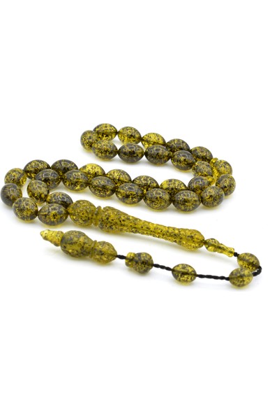 Murty99 Usta Işi Arpa Kesim Parçacıklı Zeytintağı Rengi Toz Pres Kehribar Tesbih Iri Boy