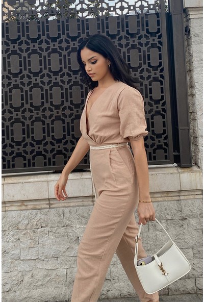 MyLove Örgü Kemerli Kruvaze Keten Tulum