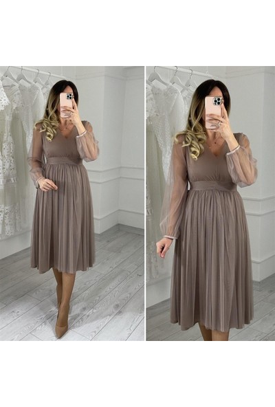 Ges Moda M1762 Midi Boy Tül Elbise Taş Rengi Ges Moda M1762 Midi Boy Tül Elbise Taş Rengi