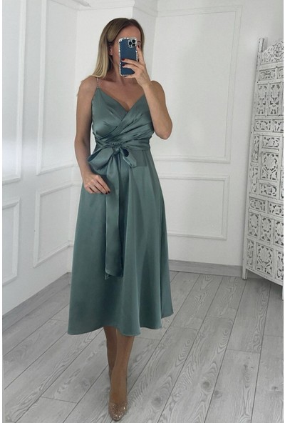 Ges Moda M1515 Taş Askılı Midi Boy Saten Elbise Mint Ges Moda M1515 Taş Askılı Midi Boy Saten Elbise Mint