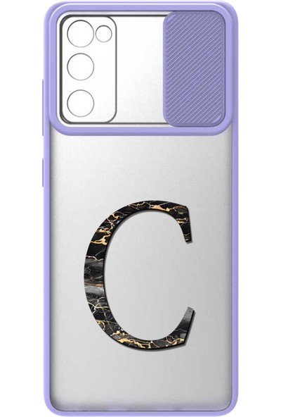 Cupcase Samsung Galaxy S20 Fe Kılıf Kayan Kamera Lens Aç Kapa Korumalı Kapak + Temperli Cam - Mermer C Harfli Mor
