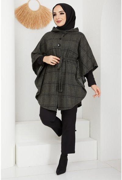 İmaj Butik Ekose Desenli Panço/haki