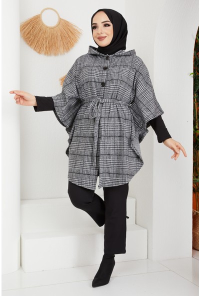 İmaj Butik Ekose Desenli Panço/gri
