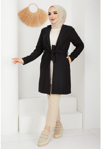 İmaj Butik Kuşak Detaylı Kaşe Kaban/siyah