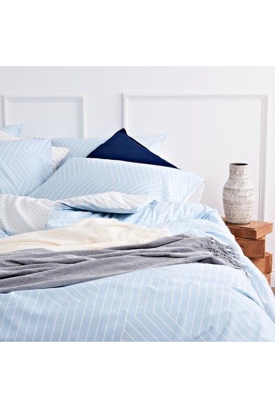 Leruum London Oslo Pamuk Çift Taraflı Yatak Nevresim Takımı Mavi Çizgili Tek Kişilik 160x220