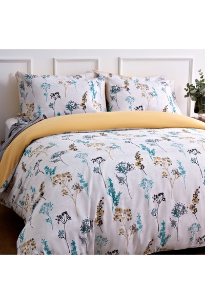 Leruum London Leruum Provance Pamuk Çift Taraflı Çiçekli&Düz Sarı Yatak Nevresim Takımı Tek Kişilik 160x220
