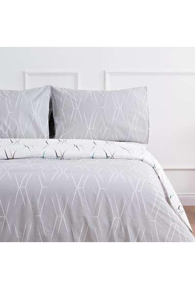 Leruum London Geo Mystery Pamuk Çift Yönlü Yatak Nevresim Takımı Gri Beyaz Tek Kişilik 160x220