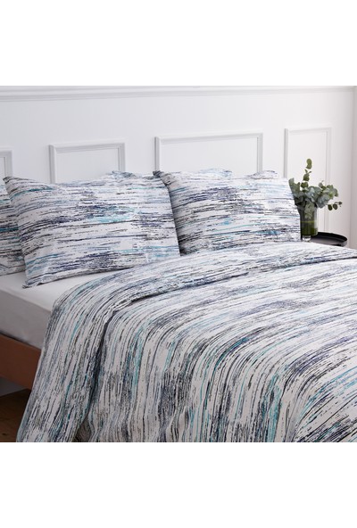 Leruum London Pamuk Yatak Odası Nevresim Takımı Mavi Siyah Çizgili Tek Kişilik 160x220