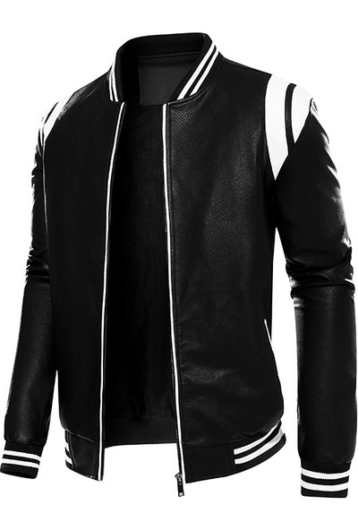 Heiqu Deri Erkek Motosiklet Ceketi- Siyah / Beyaz (Yurt Dışından)