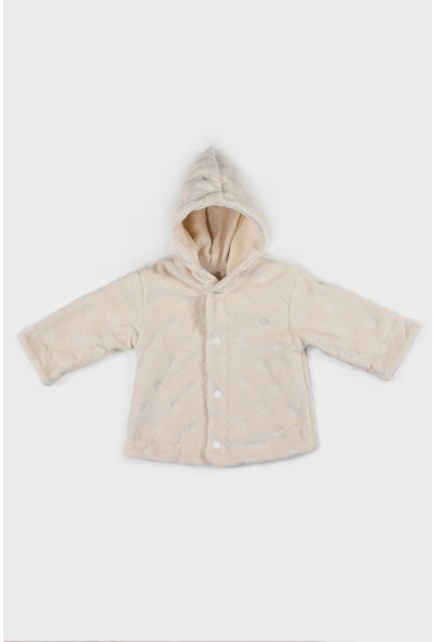 Woy Kids Unisex Puantiyeli Kapşonlu Kadife Ekru Hırka 60016 Woy Kids Unisex Puantiyeli Kapşonlu Kadife Ekru Hırka 60016