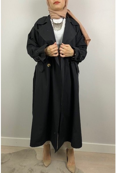 Maysa Butik Kol Pileli Trençkot- Siyah