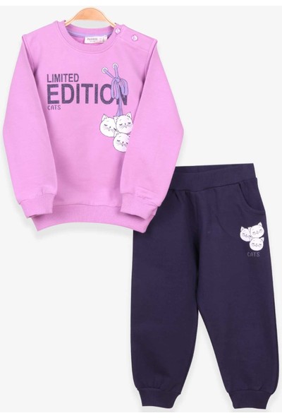 Breeze Kız Çocuk Eşofman Takım Kedi Baskılı Eflatun (2-5 Yaş)