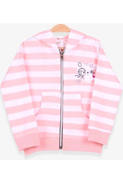 Breeze Kız Bebek Hırka Çizgili Kedi Nakışlı Pudra (9 Ay-3 Yaş)