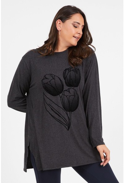 Büyük Beden Antrasit Salaş Lale Baskılı Yün Viskon Kazak