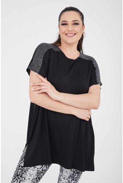 Büyük Beden Salaş Omuzları Simli Yırtmaçlı Bluz