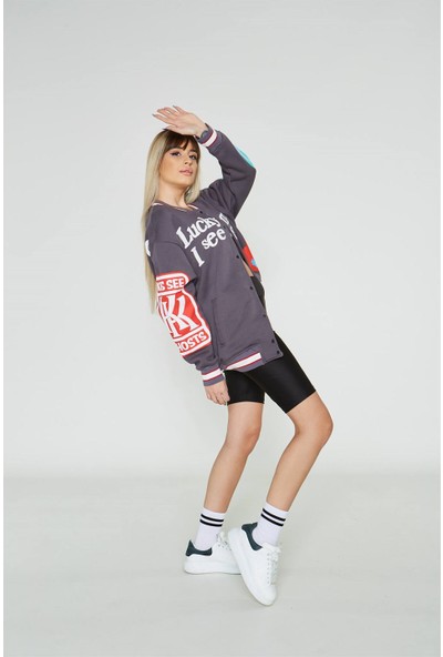 Unisex Gri Kanye West Lucky Me Oversize Kolej Ceket Unisex Gri Kanye West Lucky Me Oversize Kolej Ceket