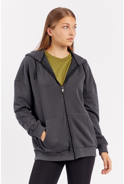 Manche Antrasit Kapüşonlu Fermuarlı Sweatshirt