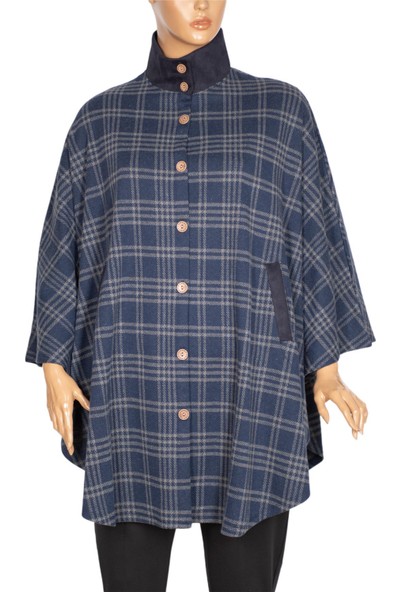 Shine Kadın Reyhan Ekose Düğmeli Lacivert Panço