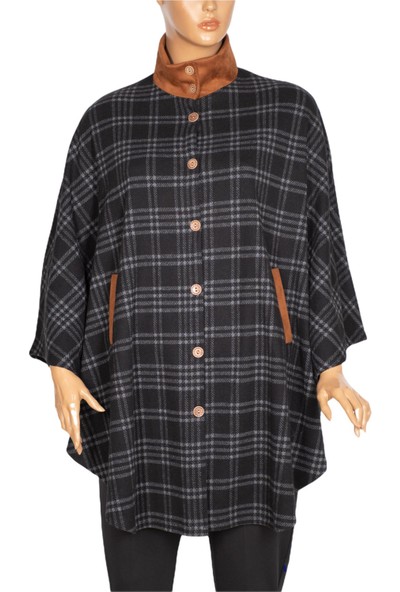 Shine Kadın Reyhan Ekose Düğmeli Siyah Panço