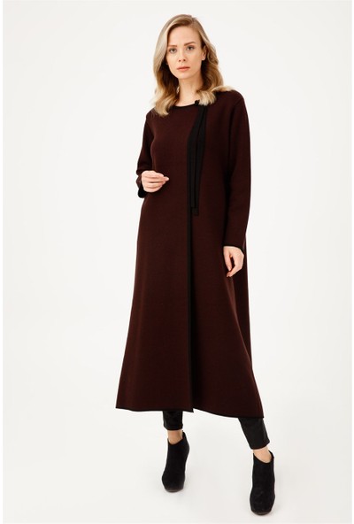 Mutlu Ertan Balıksırtı Desen Triko Pardösü-Siyah-Bordo