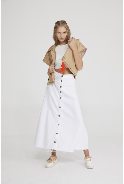Manila Önden Düğmeli Koton Beyaz Etek