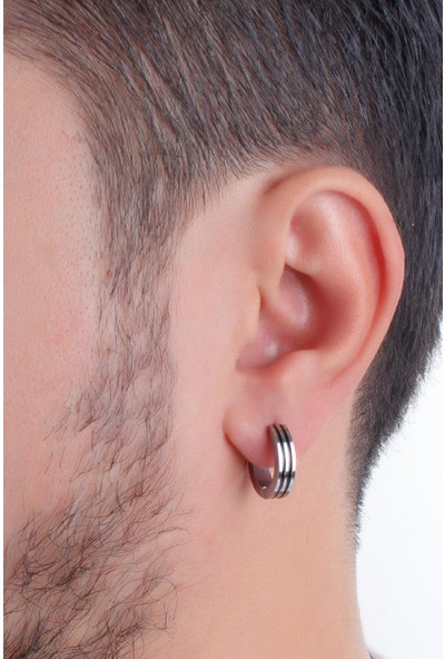 Madame Concept Erkek Çelik Gümüş Renk Siyah Çizgili Küpe