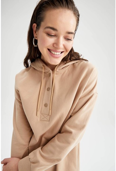 DeFacto Oversize Fit Düğmeli Kapüşonlu İnce Sweatshirt Kumaşı Sweatshirt Tunik W9090AZ21CW